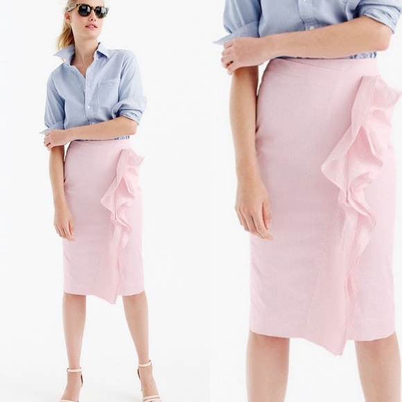J. Crew | Skirts | J Crew Ruffle Pencil Skirt In Pink Striped Poplin ...